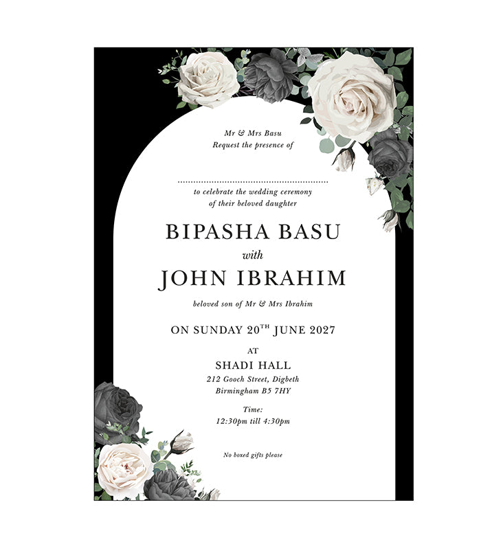 ABC 1180 Elegant Black & White Arch Wedding Invitation with Roses & Gr – Shadicards.Com