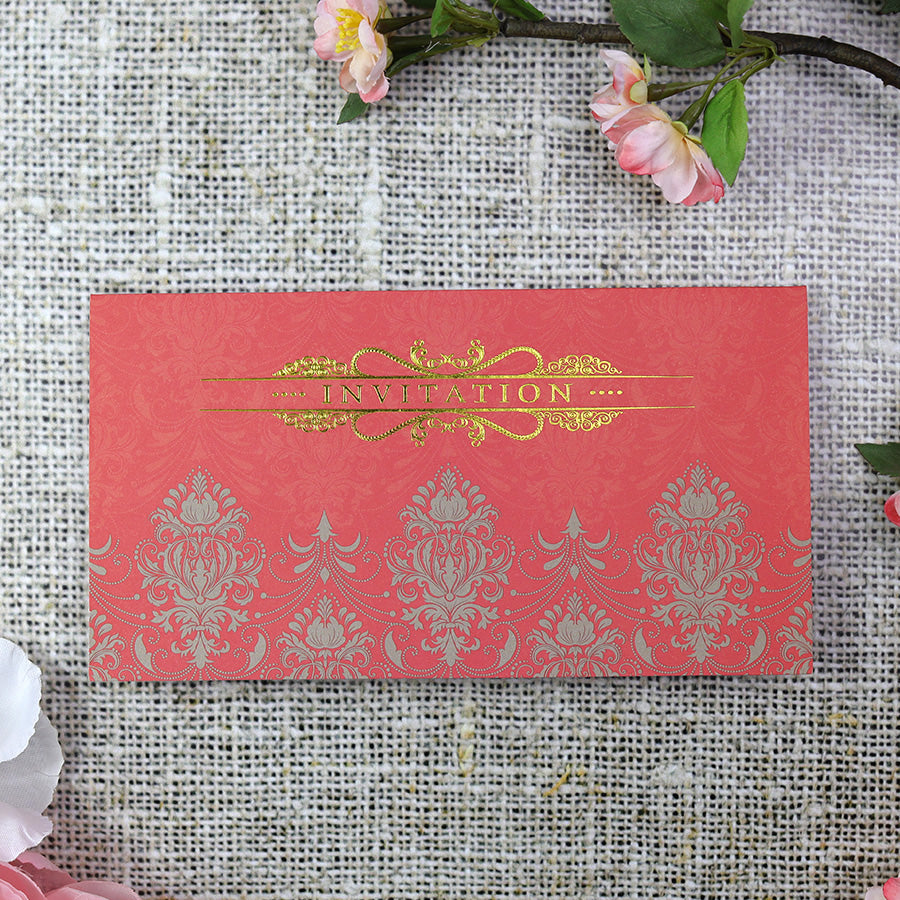 Red Seamless Damask Gold Foiled Invitation Card Design ABC 690 – Shadicards.Com