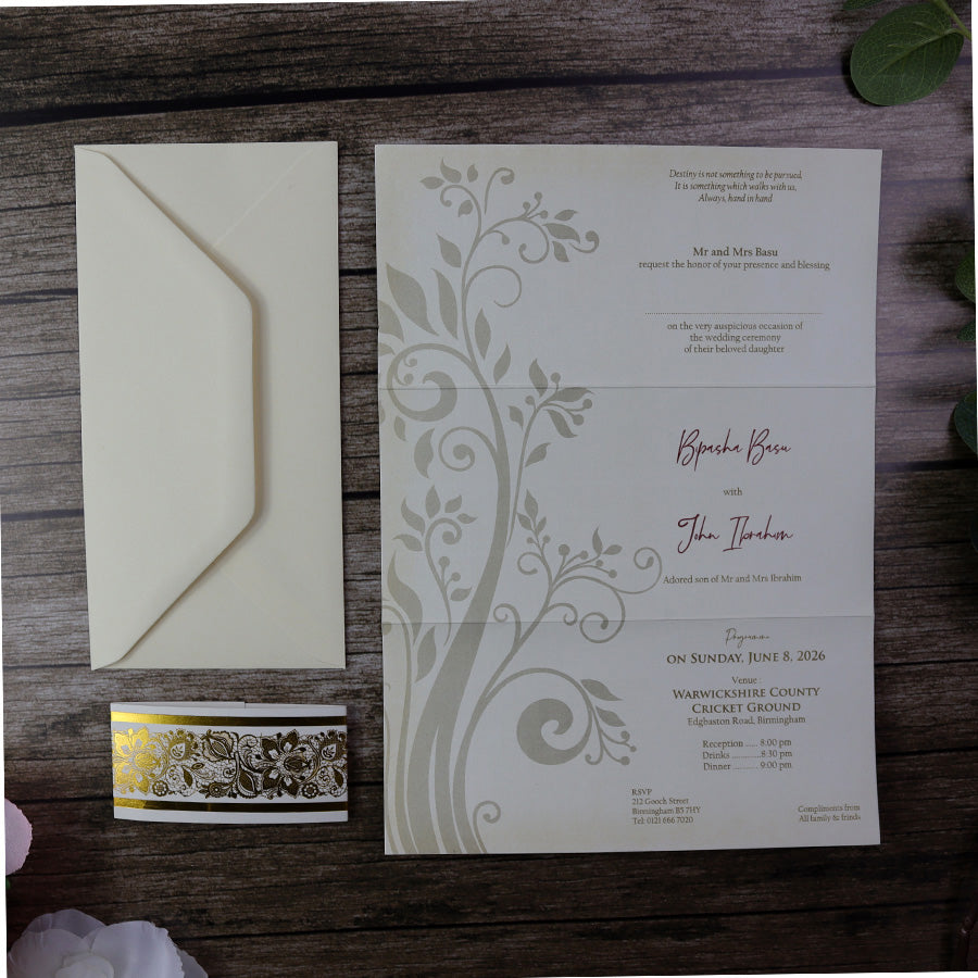 Gold letterpress foiled A4 3 fold Floral accent band invitation ABC 61 – Shadicards.Com