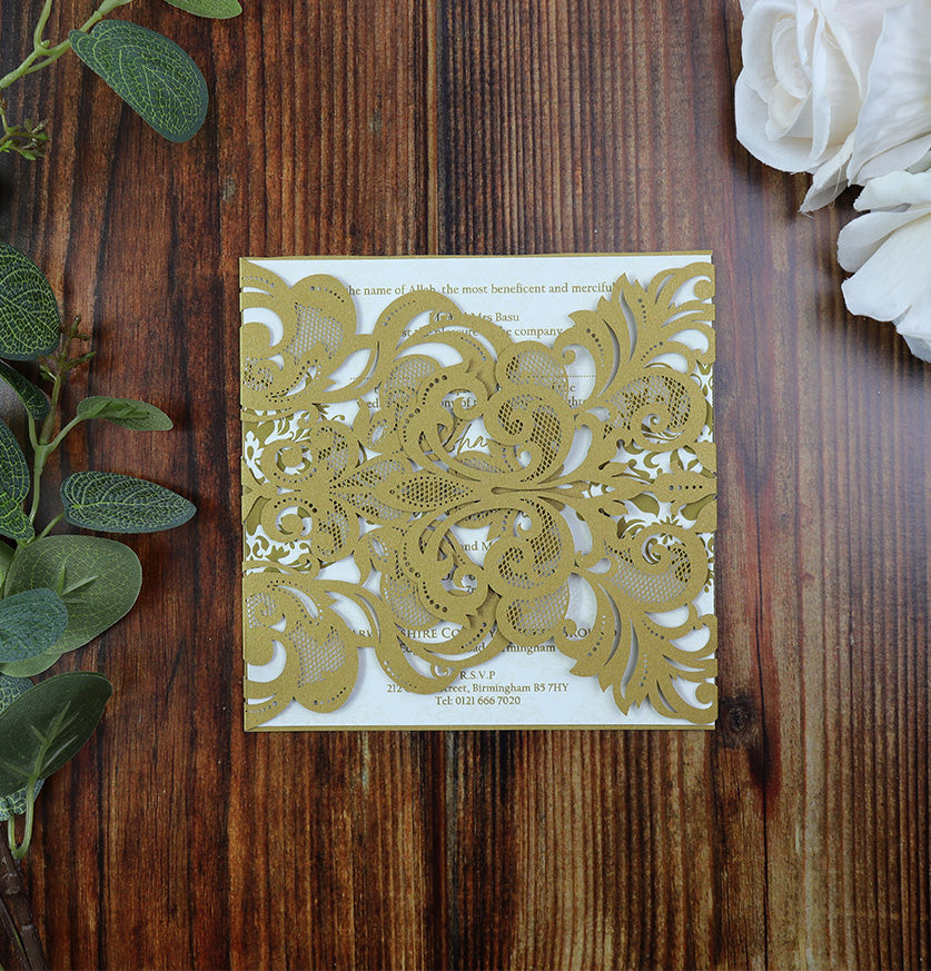 Extravagant Detailed Laser Cut Gold Gatefold Invitation LC 1006 – Shadicards.Com