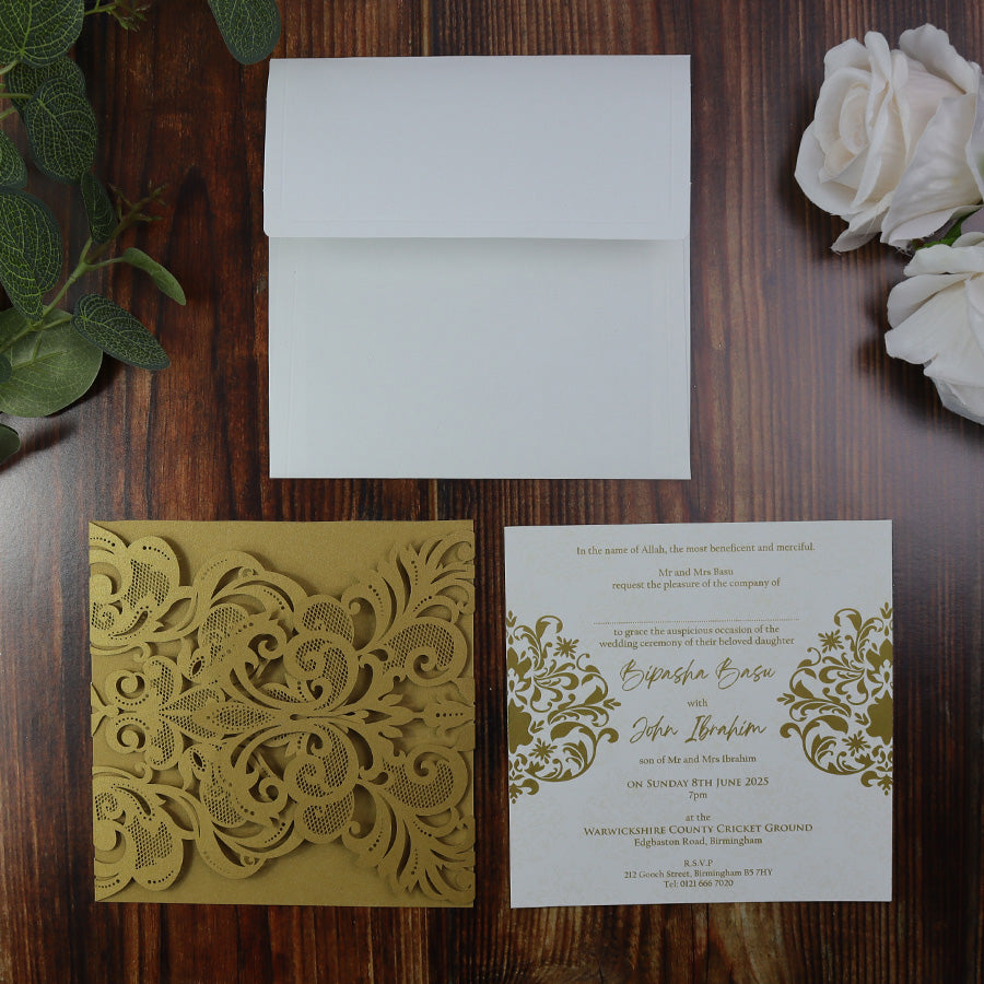 Extravagant Detailed Laser Cut Gold Gatefold Invitation LC 1006 – Shadicards.Com