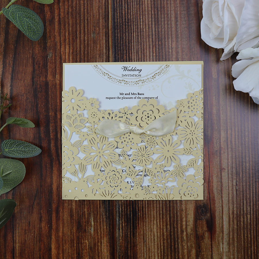 LC 1018 Cream Floral Daisies Laser Cut Pocket Invitation – Shadicards.Com