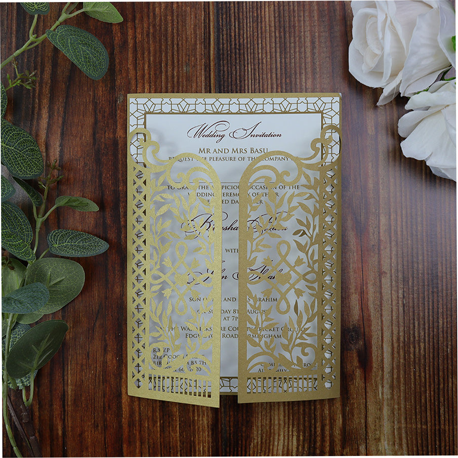 LC 9018 Gold Vintage Gatefold Lasercut Invitation – Shadicards.Com