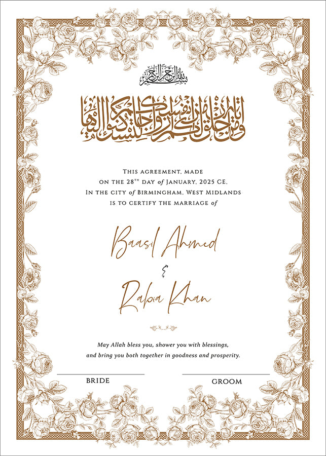 NK 143 Line Drawn Gold Rose Flower Personalized Nikah Nama – Shadicards.Com