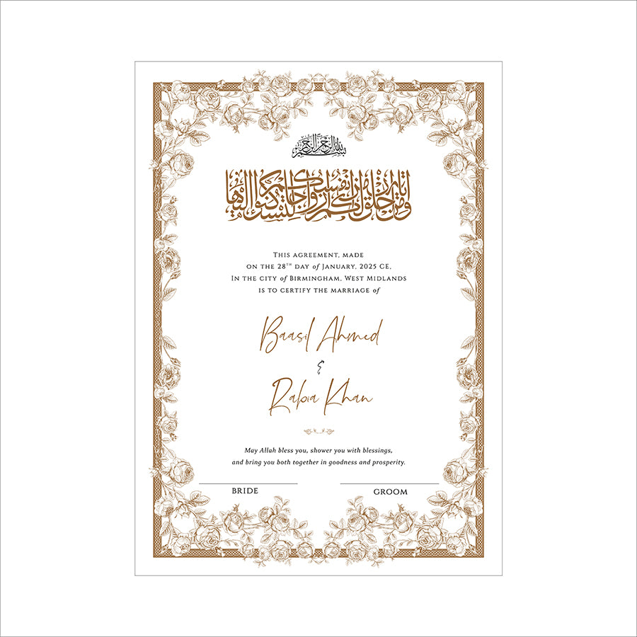 NK 143 Line Drawn Gold Rose Flower Personalized Nikah Nama – Shadicards.Com