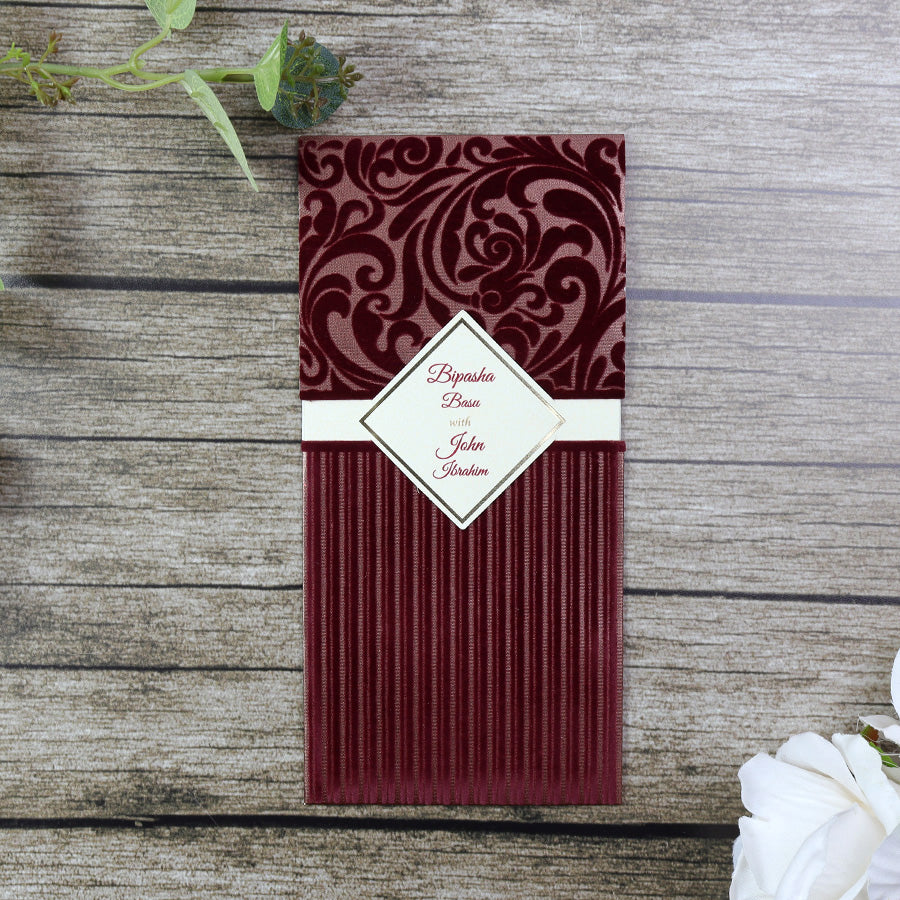 Maroon Velvet Pocket Wedding Invitation SC 2696 with Diamond-Shaped Ba – Shadicards.Com