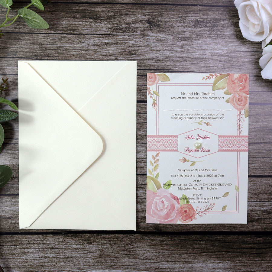 SC 2747 Watercolour peach rose and pearl flat invitation – Shadicards.Com