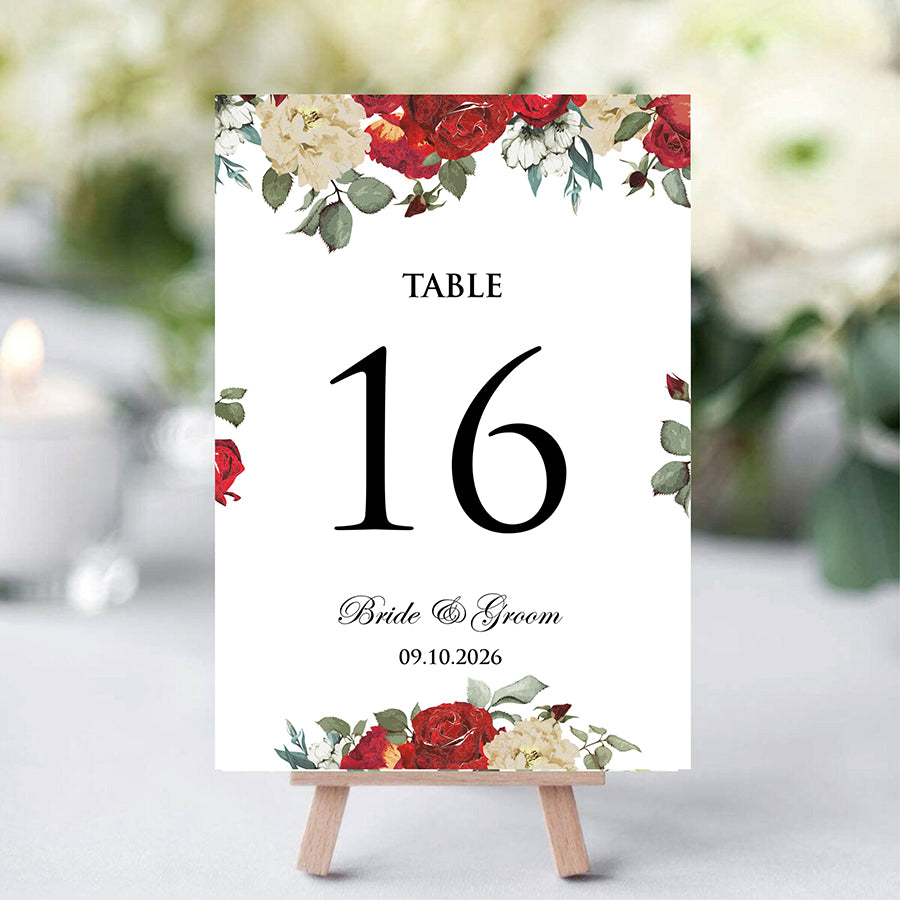 Elegant A5 Table Numbers with Ivory, Red & White Flowers and Green Lea – Shadicards.Com