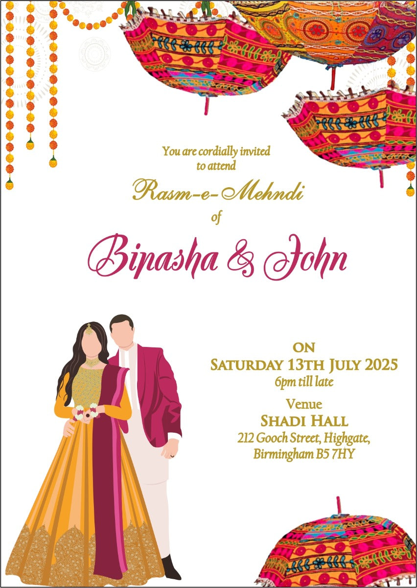 MND 334 – Asian Style A6 Mehndi Invitation with Colorful Umbrellas, Fl – Shadicards.Com