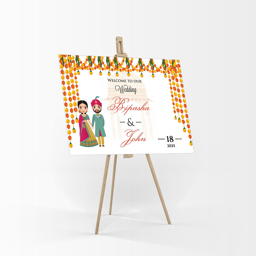 1073 – Traditional Caricature of Desi Couple A1 Size Wedding Welcome S – Shadicards.Com