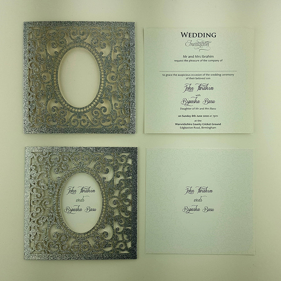 LC 1908 Baroque Glitter Silver Laser Cut Pocket Invitation Design – Shadicards.Com