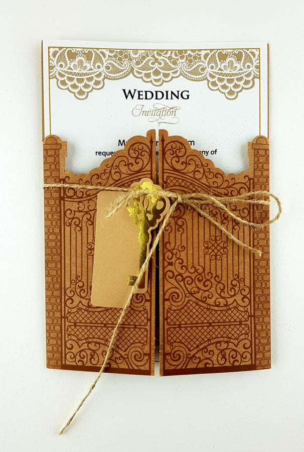 SC 2002 Brown Kraft Gate Style Wedding Invitation – Rustic Wedding Car – Shadicards.Com