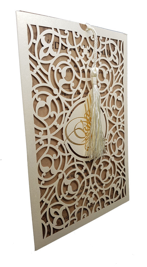 SC 2670 Ivory Laser Cut Pocket Bismillah Invitation - Gold Foiled Arab – Shadicards.Com