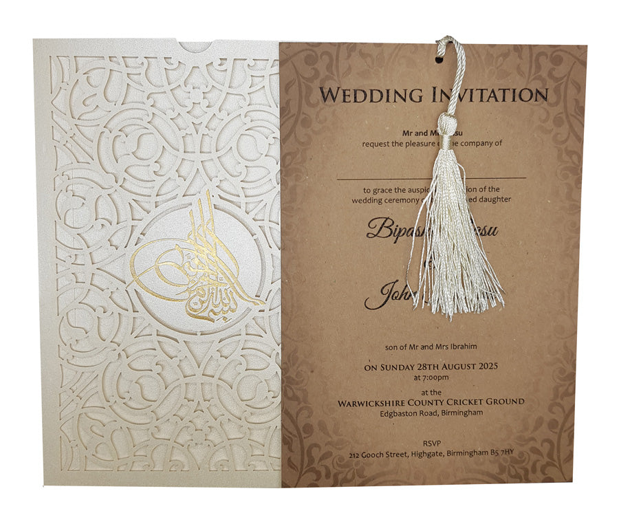 SC 2670 Ivory Laser Cut Pocket Bismillah Invitation - Gold Foiled Arab – Shadicards.Com