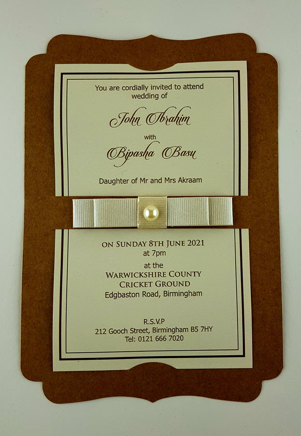 SC 2764 Die cut flat Kraft pearl ribbon invitation – Shadicards.Com