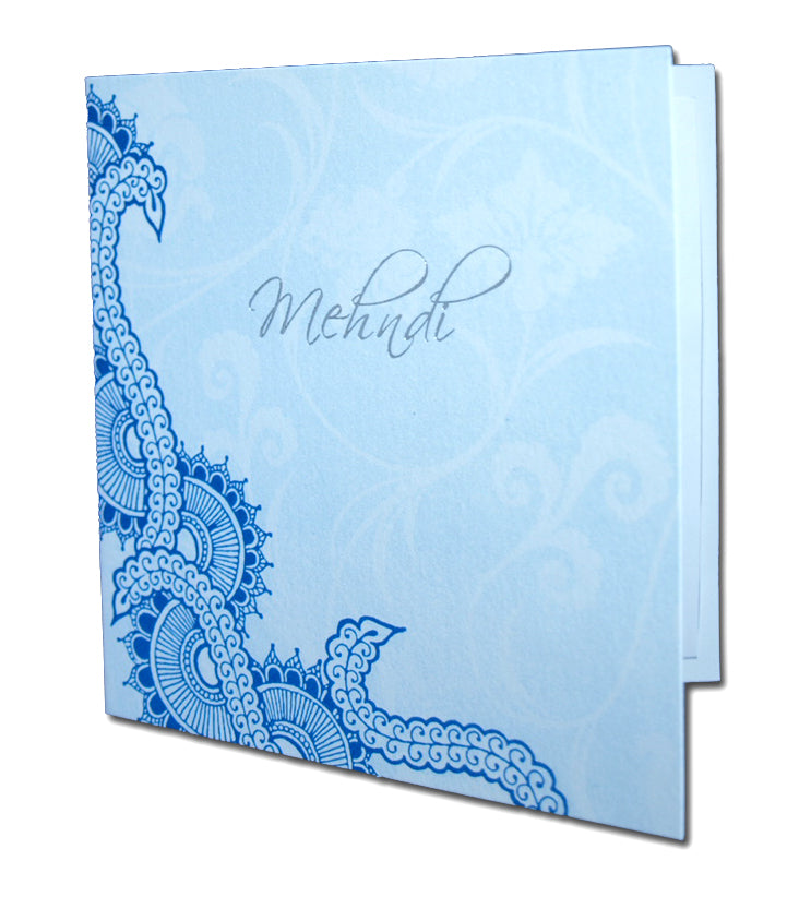 MND01B Cyan blue Henna pattern mehndi invitation card – Shadicards.Com
