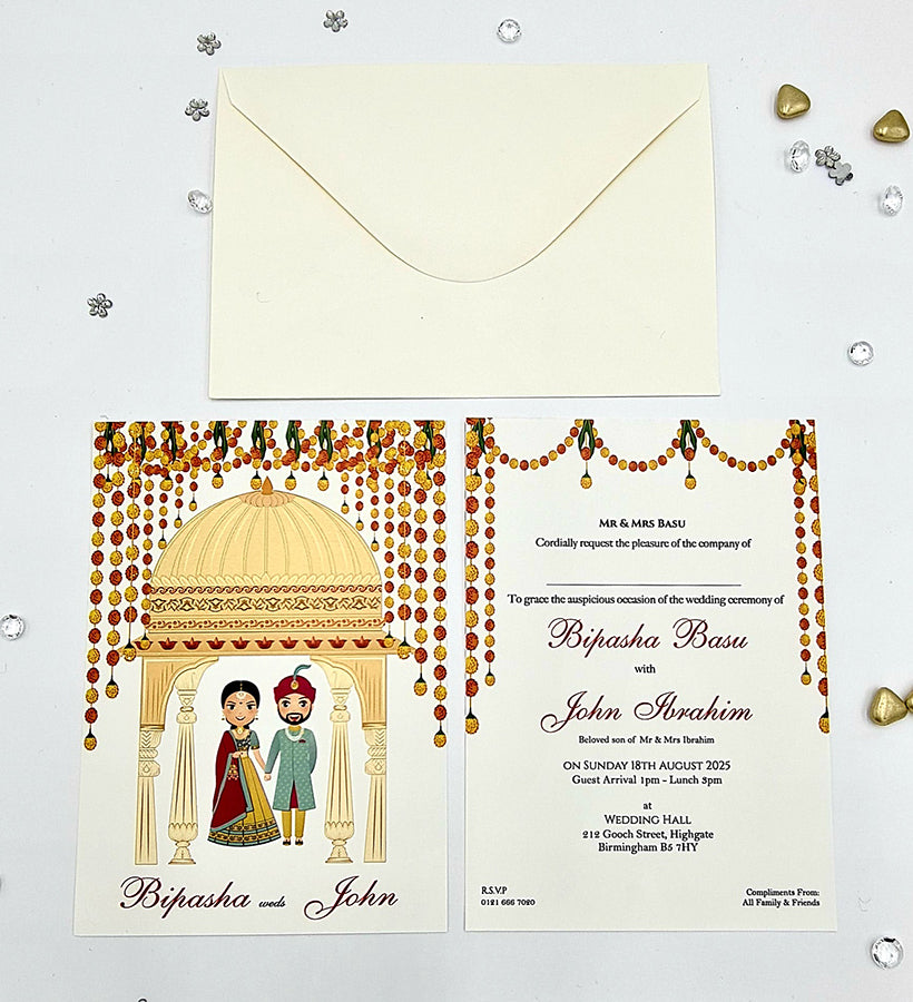 ABC 1073 Desi Asian Indian Pakistani Couple caricature Invitation Doub – Shadicards.Com