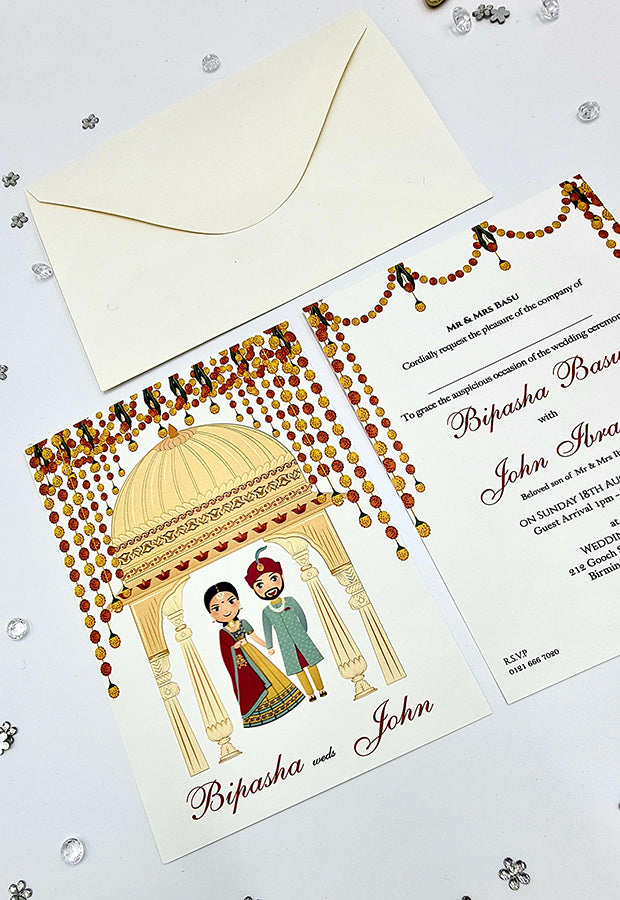 ABC 1073 Desi Asian Indian Pakistani Couple caricature Invitation Doub – Shadicards.Com