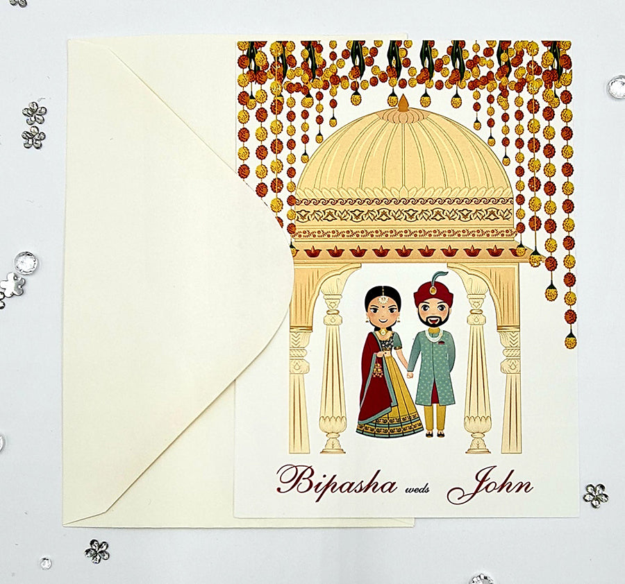 ABC 1073 Desi Asian Indian Pakistani Couple caricature Invitation Doub – Shadicards.Com
