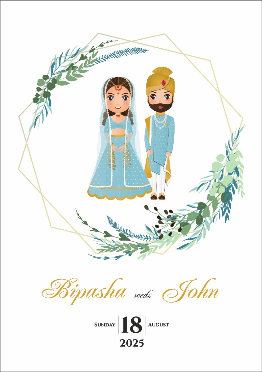 ABC 1074 Desi Asian Indian Pakistani Couple caricature Invitation Doub – Shadicards.Com