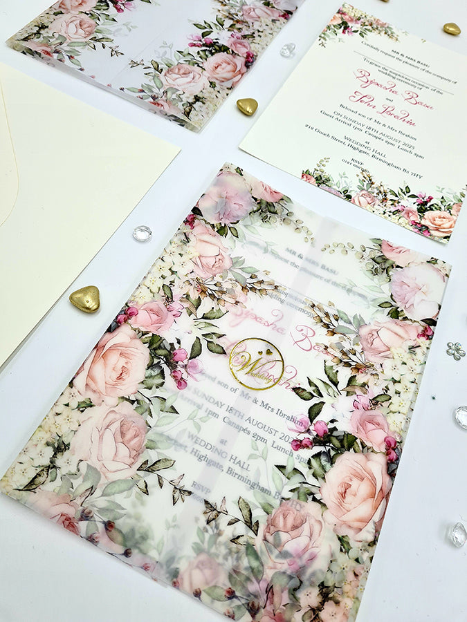 Lovely Peach, green and pink floral Translucent Vellum Invitation ABC – Shadicards.Com