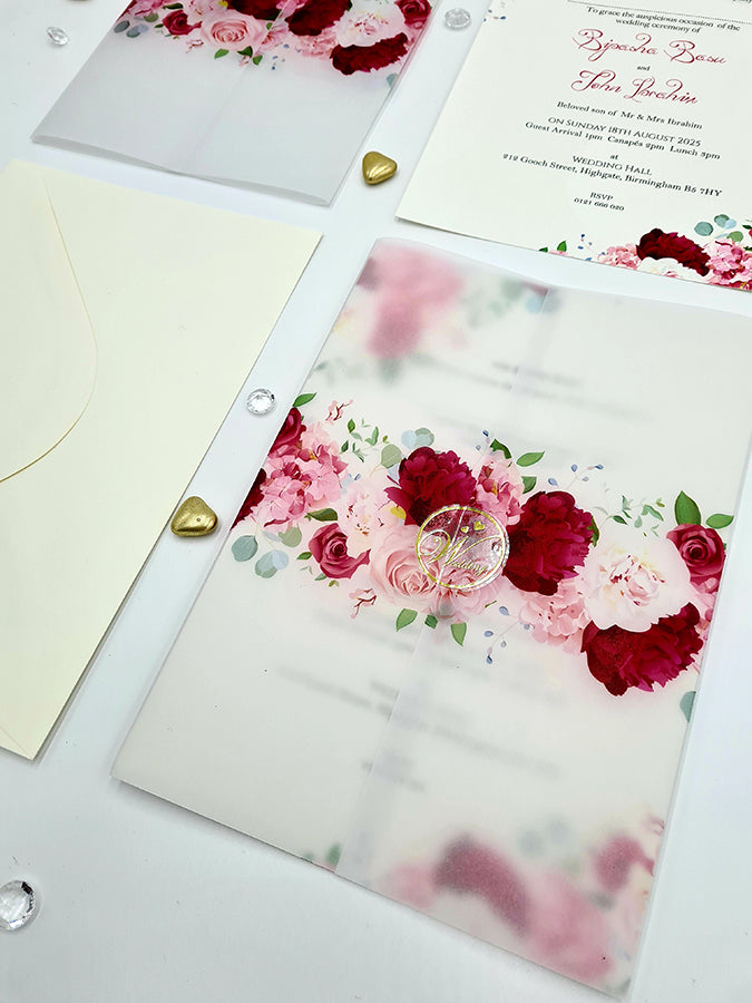 Burgundy and pink flowers Translucent Vellum Invitation ABC 1082 – Shadicards.Com
