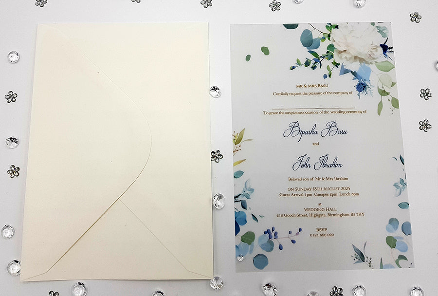 Pale Blue Translucent Floral Vellum Invitation ABC 1159 – Shadicards.Com