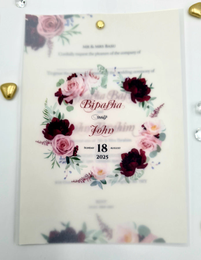 Burgundy and pink Translucent Floral Vellum Invitation ABC 1167 – Shadicards.Com