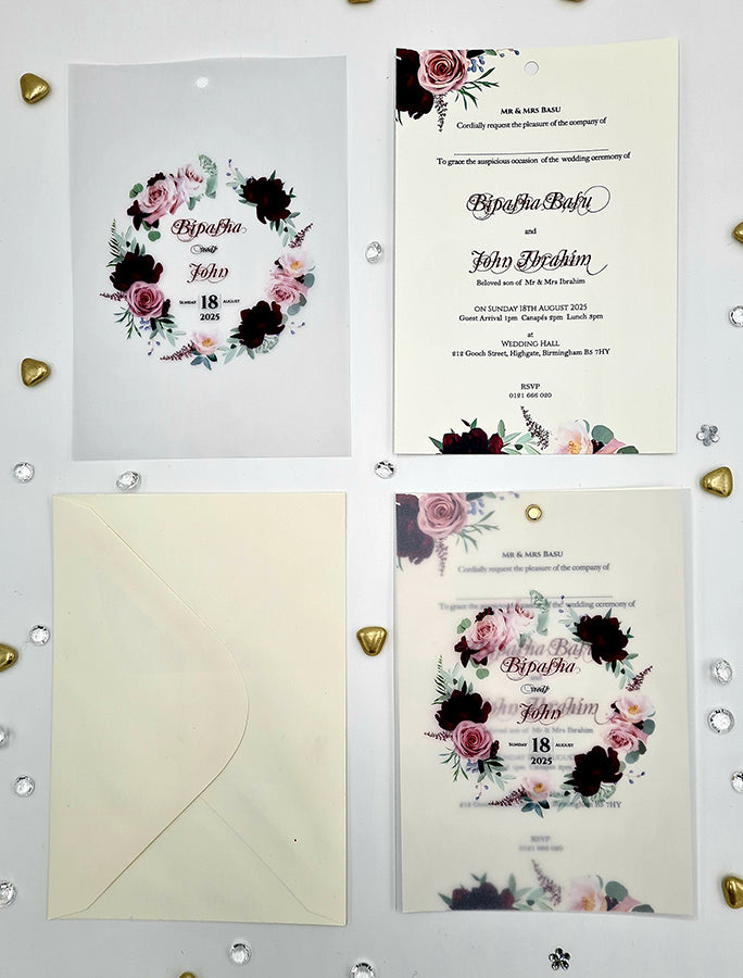 Burgundy and pink Translucent Floral Vellum Invitation ABC 1167 – Shadicards.Com