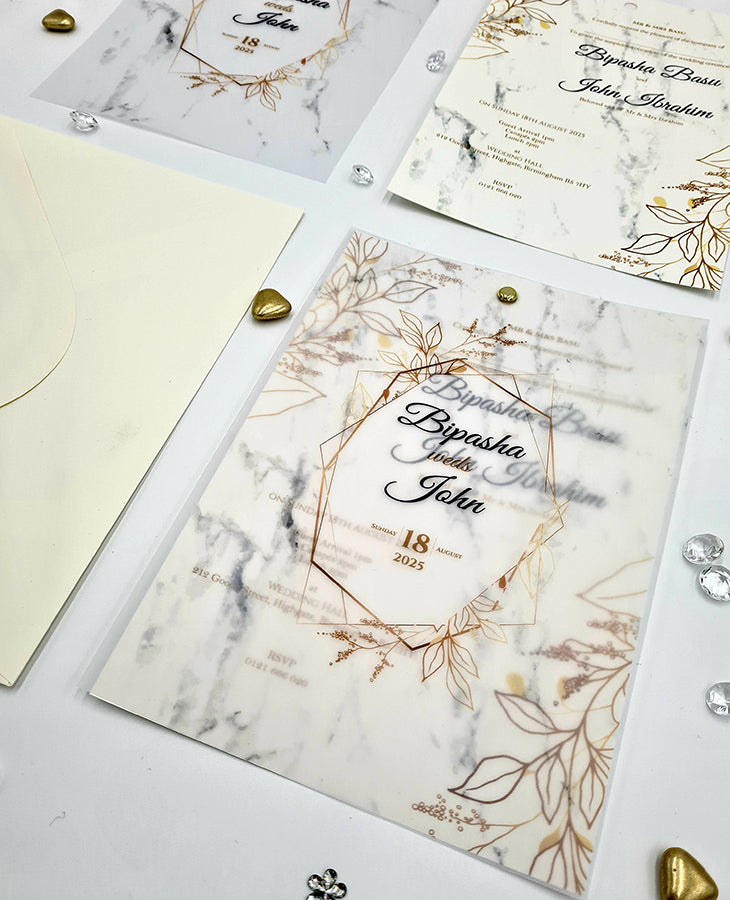 Layered Marble Effect Translucent Floral Vellum Invitation ABC 1170 – Shadicards.Com