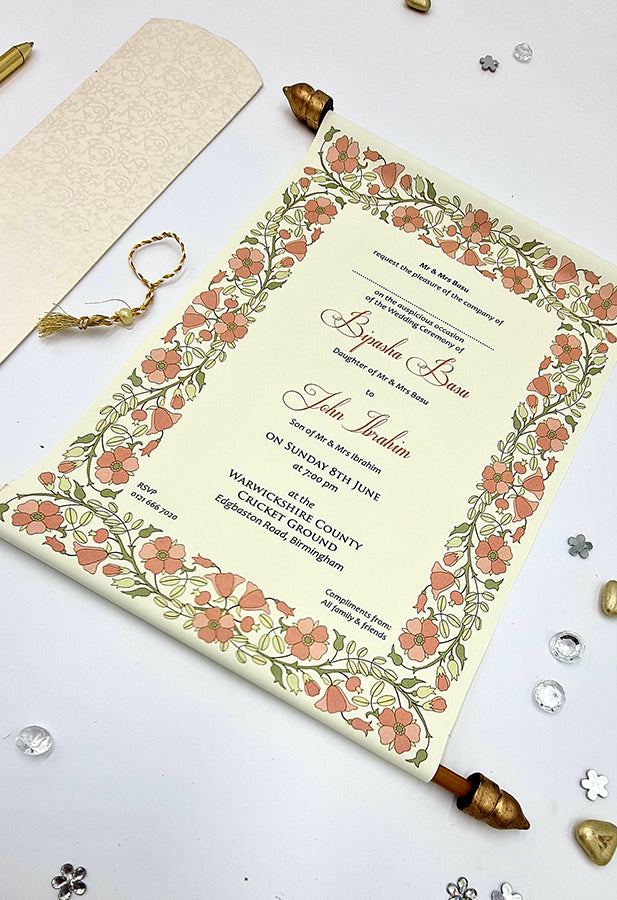 Scroll Gold Floral Wedding Invitation - ABC 1475 – Shadicards.Com