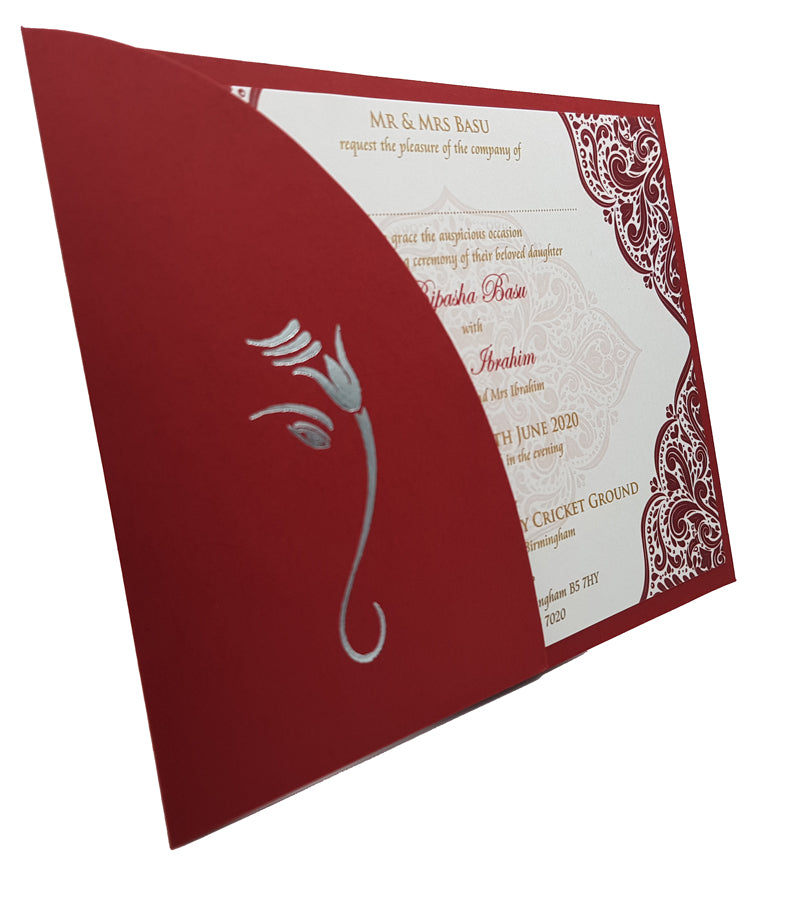 ABC 473 A5 Red Pocketfold Hindu Invitation - Silver Foiled Ganesh Desi – Shadicards.Com