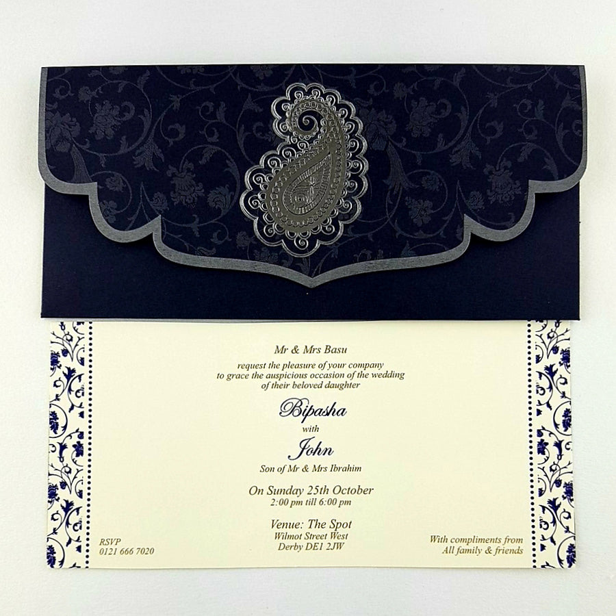 ABC 485 Navy blue card and silver foil Paisley pocket invite – Shadicards.Com