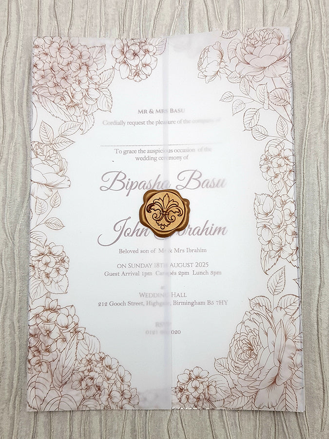 Hand Drawn Floral outline doodle Vellum Invitation with Gold Faux Wax – Shadicards.Com