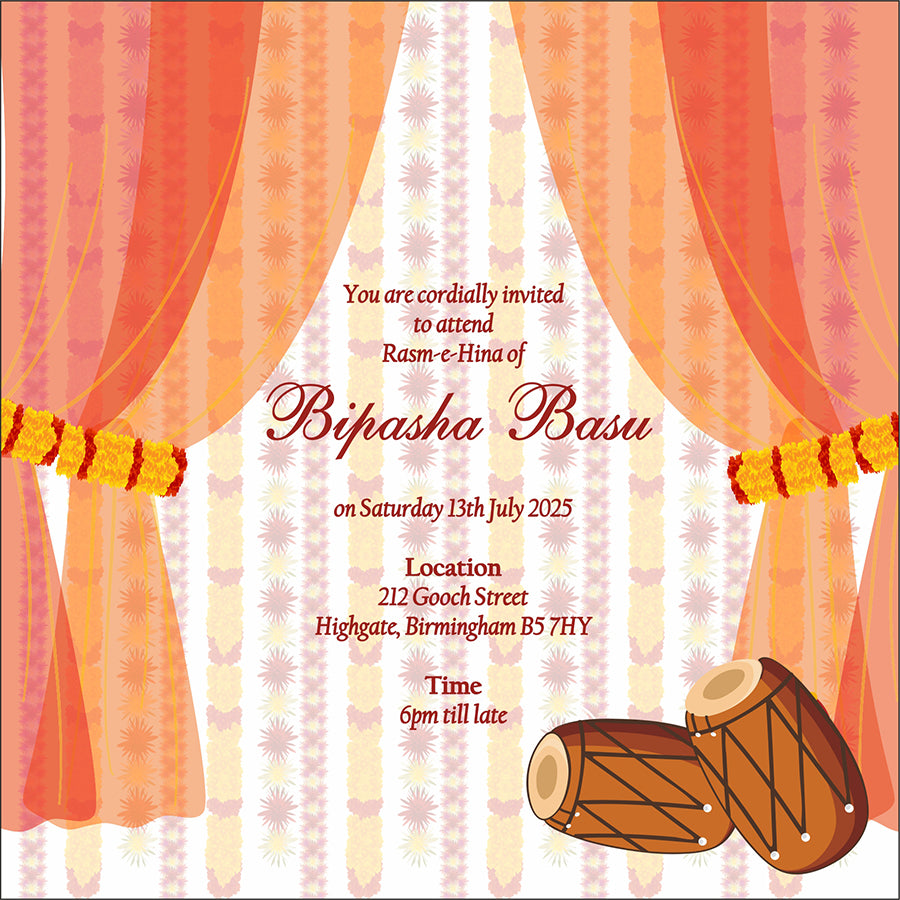 MND 302 – Traditional Henna Invite with Pink & Peach Drapes and Dholki – Shadicards.Com