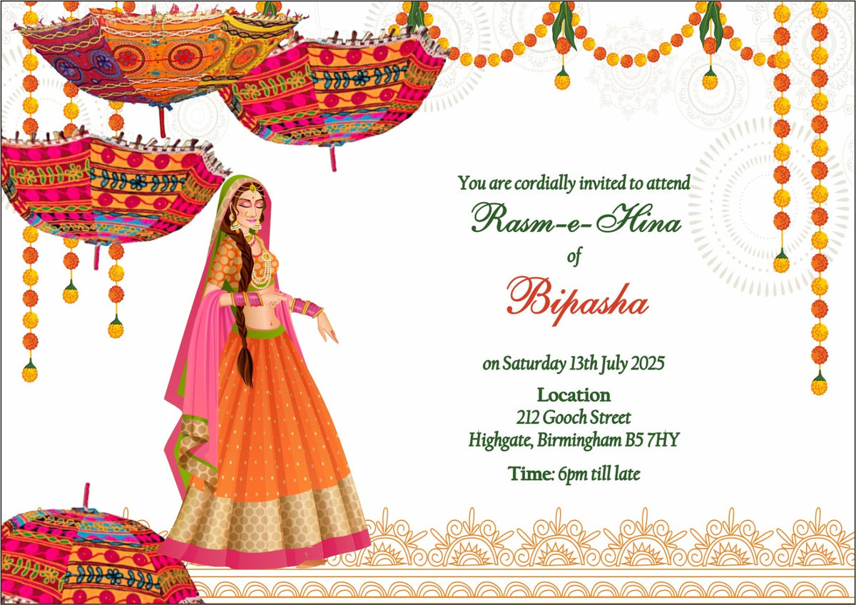 MND 325 Asian Style A6 Mehndi Invitation - Bright Colored Umbrellas & – Shadicards.Com