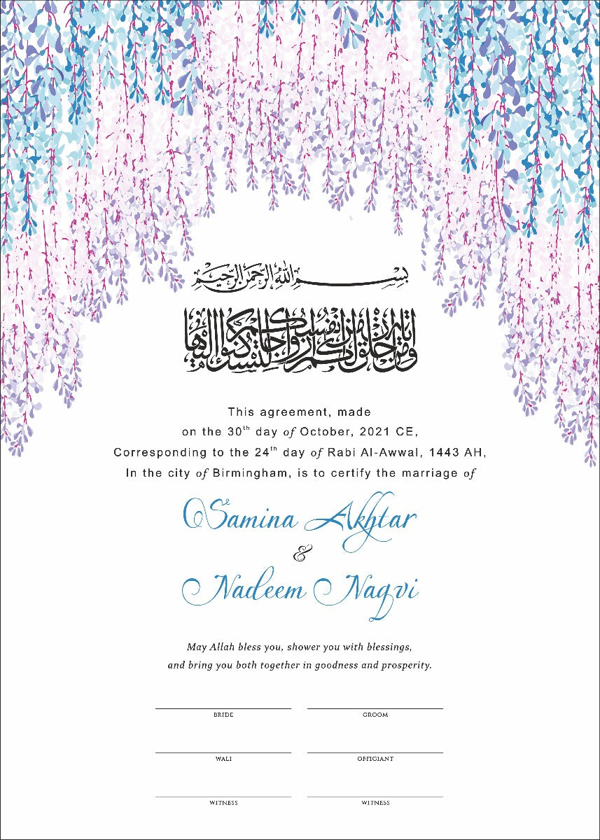 NK 127 Blue Floral Personalised Nikahnamah for Islamic Marriage – Shadicards.Com