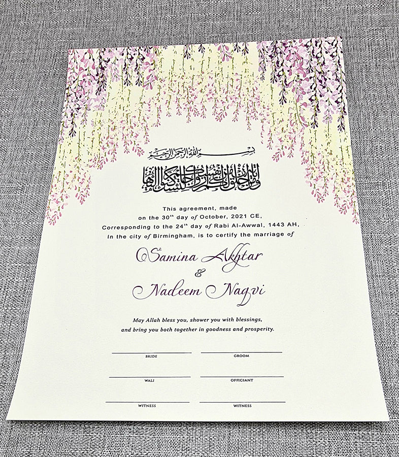 NK 127 Purple Floral Personalised Nikah Nama Islamic Marriage Certific – Shadicards.Com
