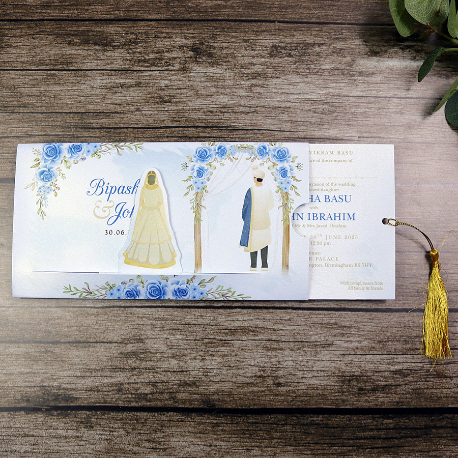 ABC 1301 Sliding Bride & Groom Blue Floral Invitation – Shadicards.Com