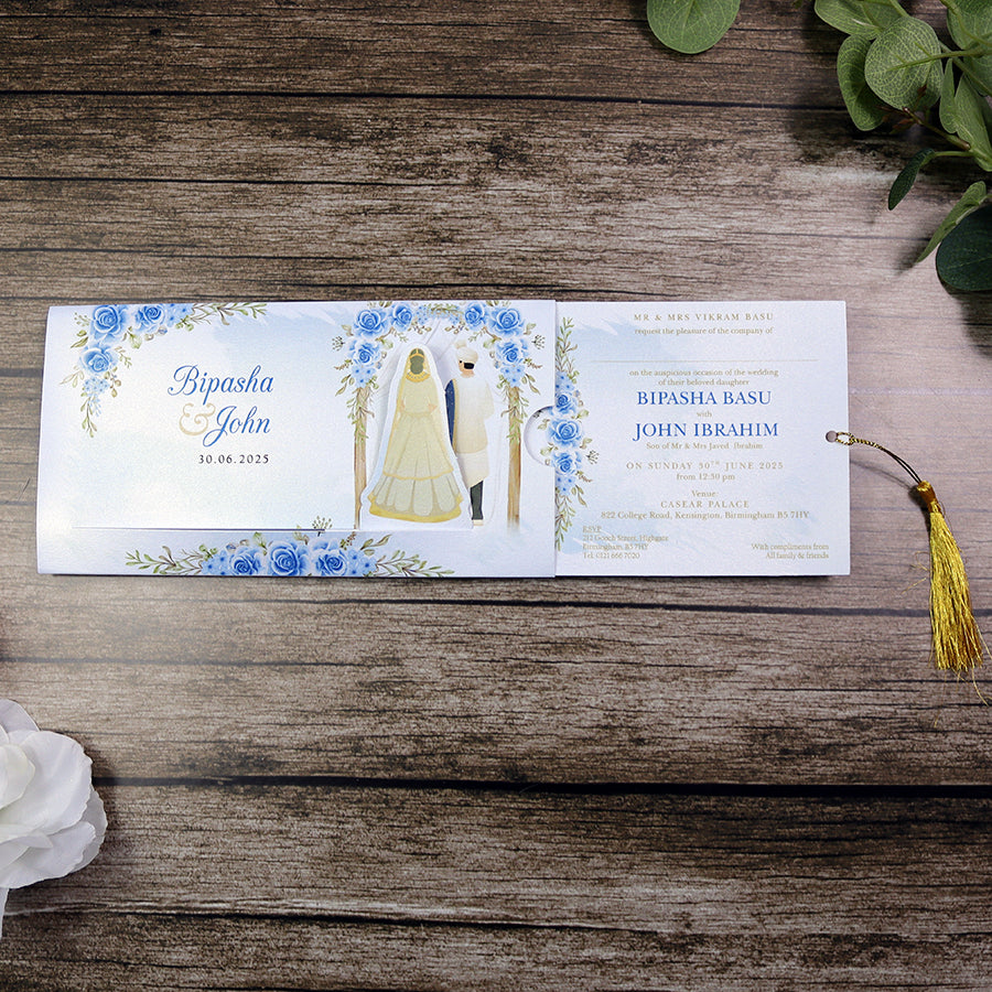 ABC 1301 Sliding Bride & Groom Blue Floral Invitation – Shadicards.Com