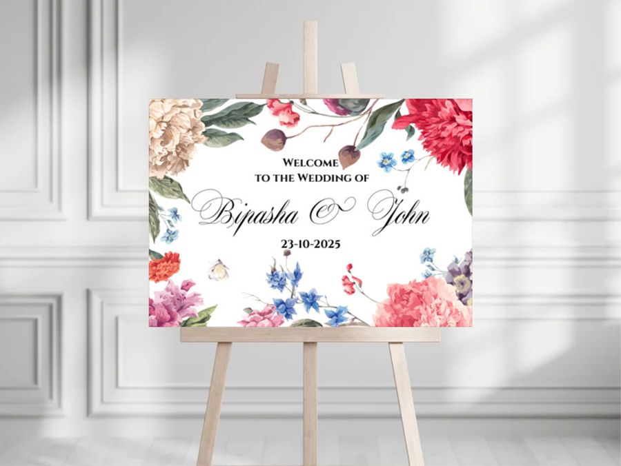 A1 Wedding Welcome Sign with Bright Pink, Red & Blue Peonies | Floral ...
