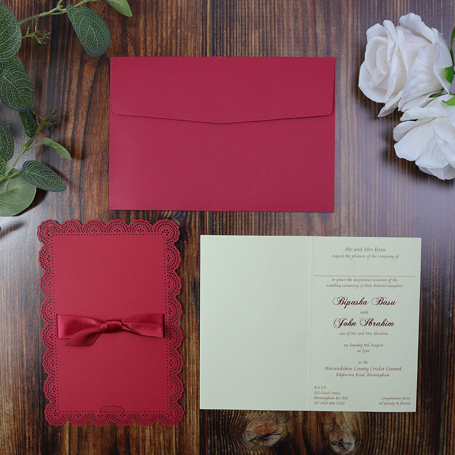 Cute Crimson Bow laser cut framed Invitation LC 1013 – Shadicards.Com