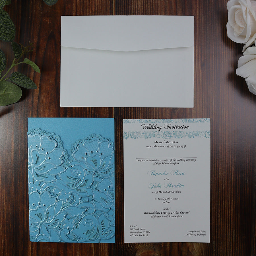 Shiny Blue Rose Laser Cut Pocket Wedding Invitation LC 1015 – Elegant ...
