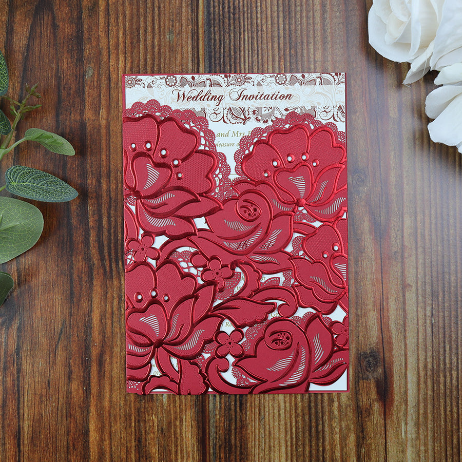 1015 Luxury Shiny Red Rose Laser Cut Pocket Wedding Invitation – Elega – Shadicards.Com