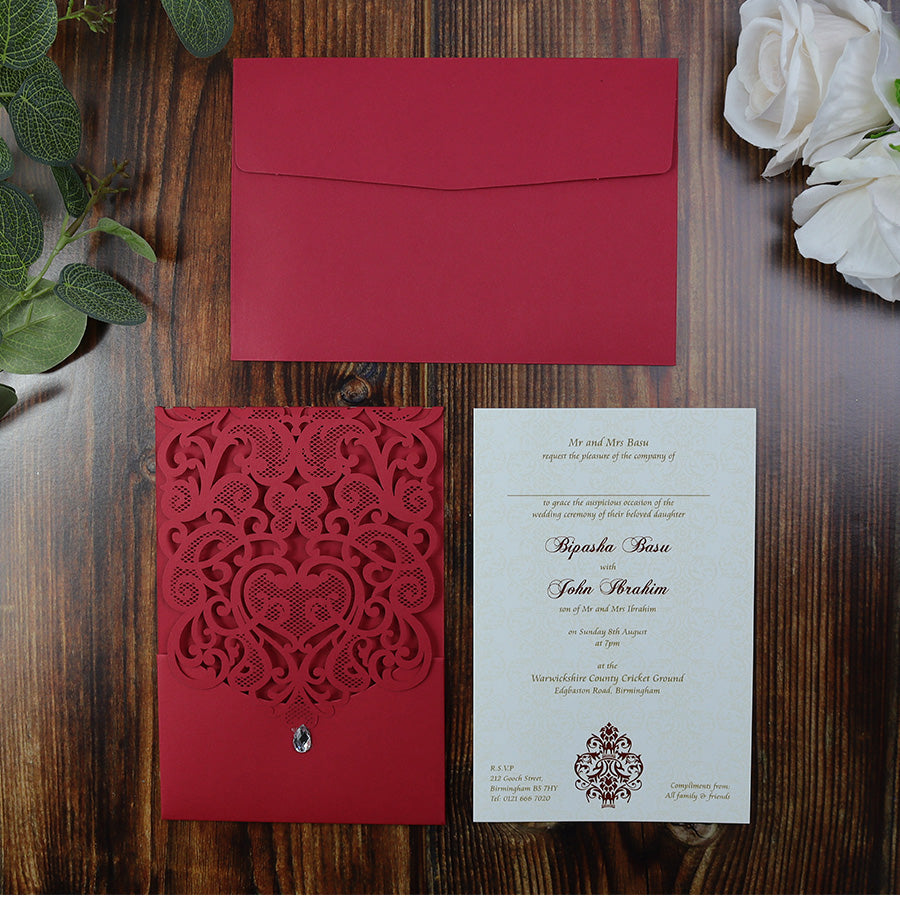 LC 1080 Royal Red Lace Pocket Invitation – Elegant Wedding Card Invita ...