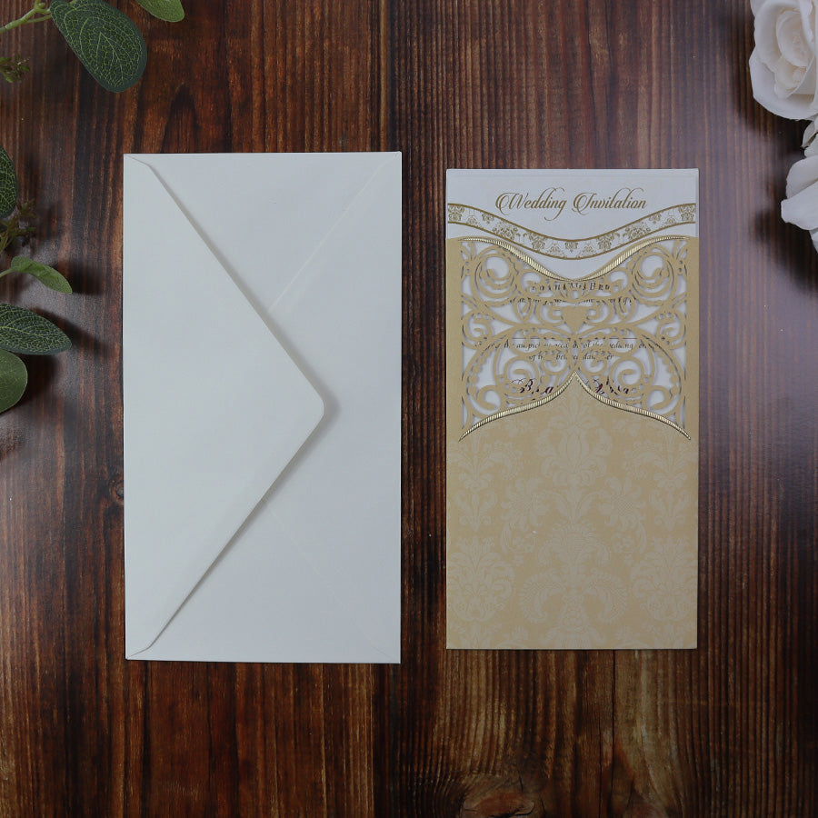 Vintage Damask Gold Laser Cut Pocket Invitation LC 8007 – Shadicards.Com