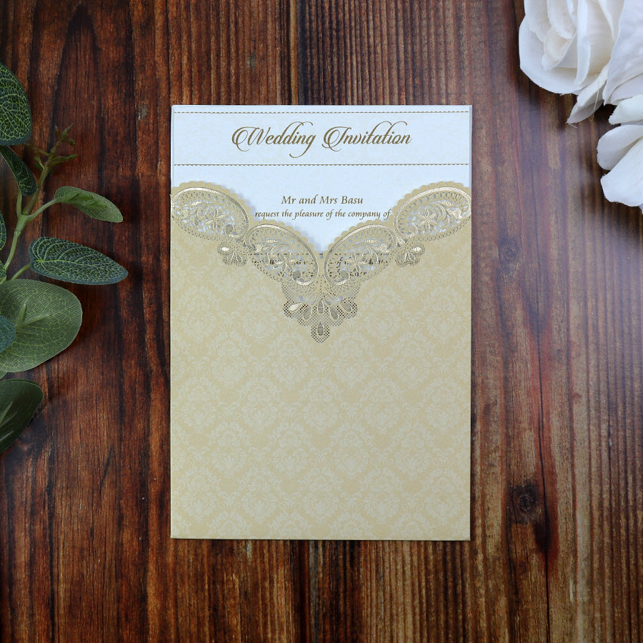 Gold and Ivory Damask Paisley Laser Cut Pocket Invitation LC 8009 – Shadicards.Com