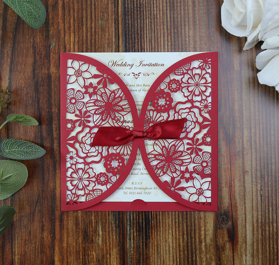 Royal Red Floral Gatefold laser cut pocket Invitation LC 8330 – Shadicards.Com