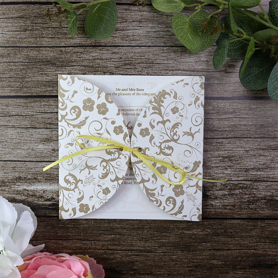 MCC White and gold gate fold party invitations – Shadicards.Com