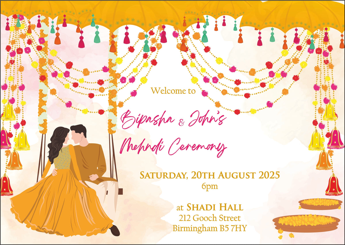 MND 339 Colorful Mehndi Invitation Card - Vibrant Orange & Yellow Them ...